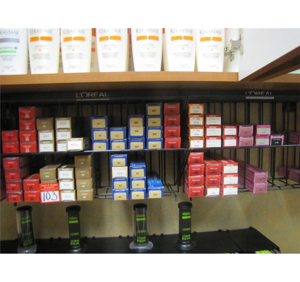 LOT ASSORTED HAIR COLOR BY LOREAL WITH DISPLAY RACKS