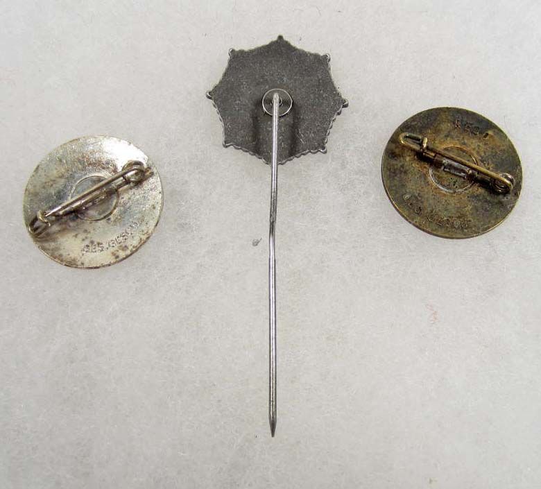 GERMAN RLB AND HUNGARIAN PARTY BADGES AND LUFTSHUTZ SWASTIKA STICK PIN