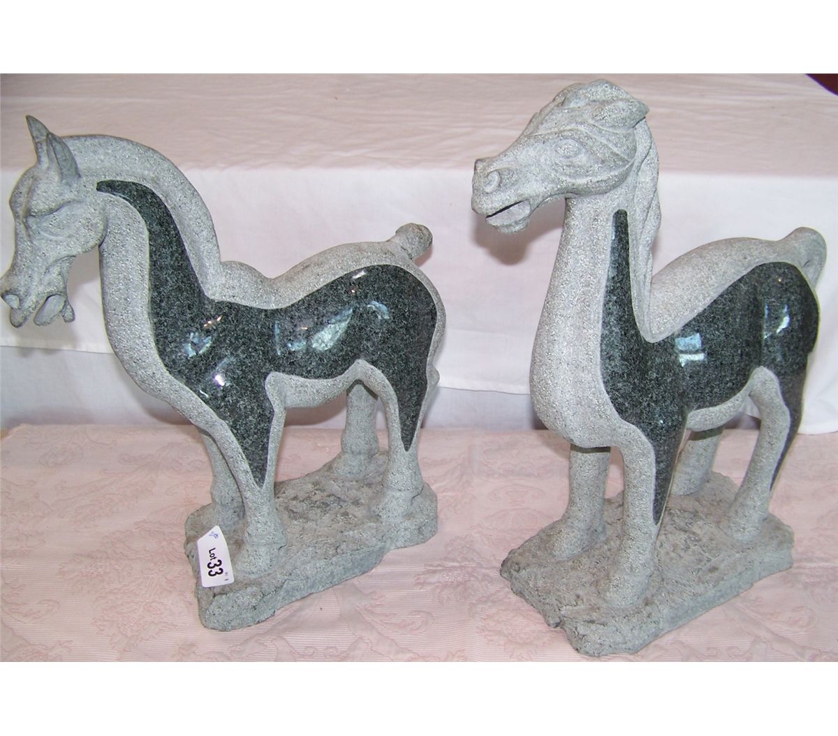 (2X$) RICK ROWLEY HAND CARVED CHINESE GRANITE HORSE SCULPTURES