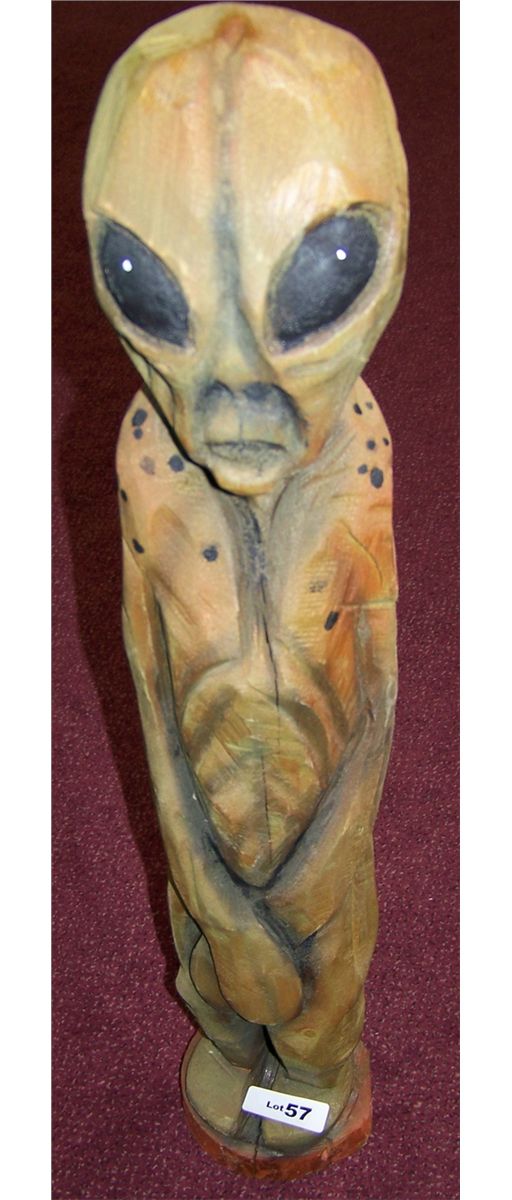 RICK ROWLEY HAND CARVED ALIEN WOOD SCULPTURE