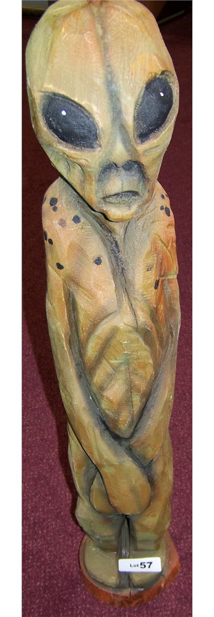 RICK ROWLEY HAND CARVED ALIEN WOOD SCULPTURE
