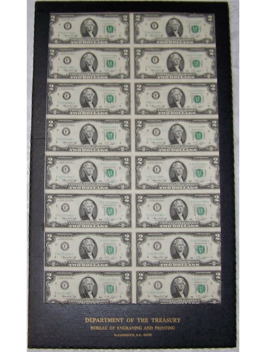 DEPARTMENT OF THE TREASURY UNCUT 16 STAR NOTES IN SEQUENCE 1976 $2 NOTES
