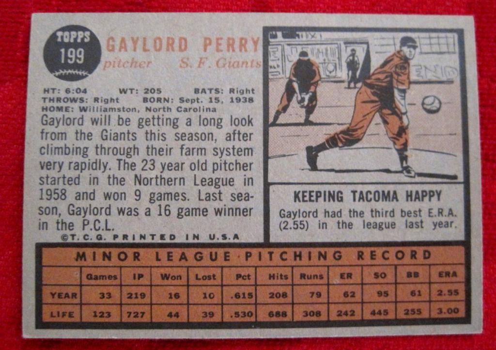 1962 Topps #199 Gaylord Perry Rookie Baseball Card