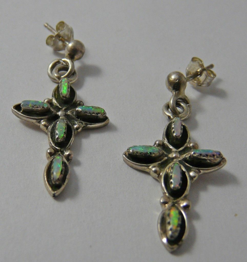 Sterling Silver Native American Navajo Indian Opal Cross Earrings