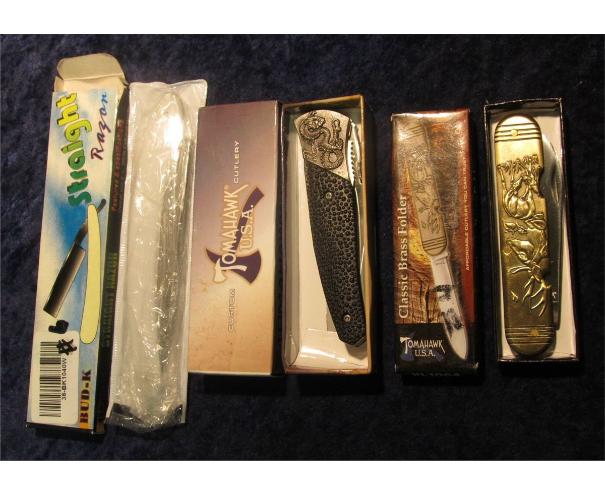 695. Classic Brass Folder, Tomahawk Folder & Straight Razor.