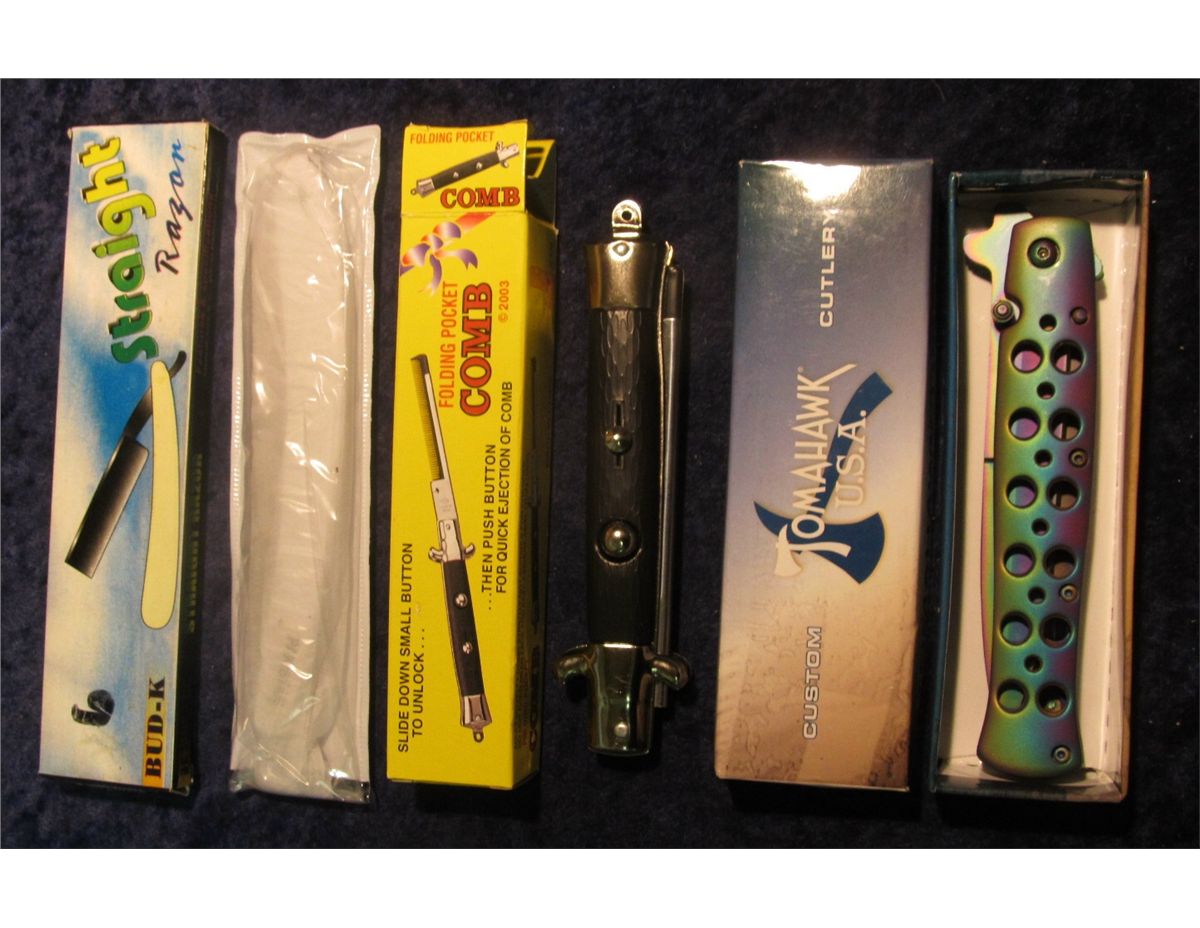 696. Switch Blade Comb, Tomahawk Folder & Straight Razor.