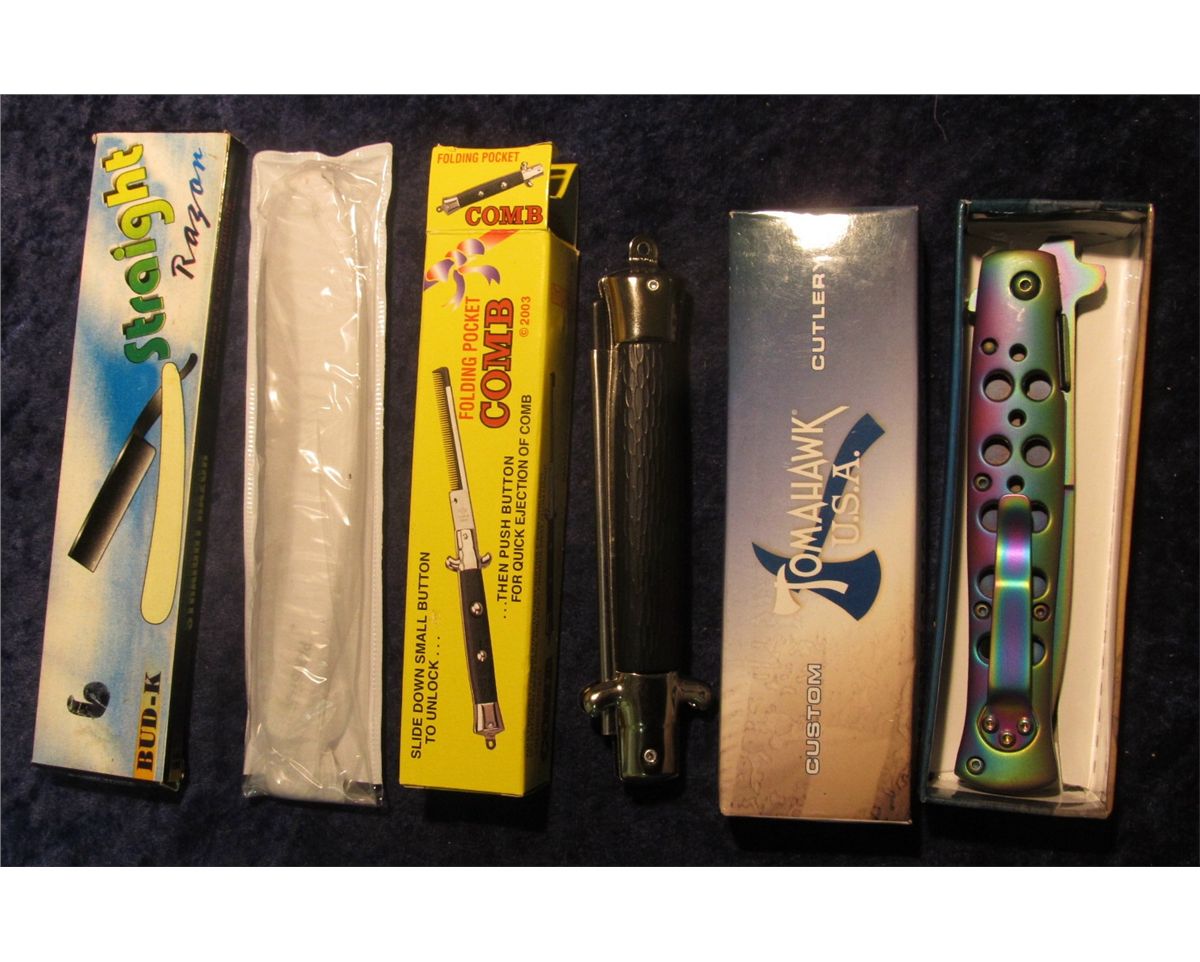 696. Switch Blade Comb, Tomahawk Folder & Straight Razor.