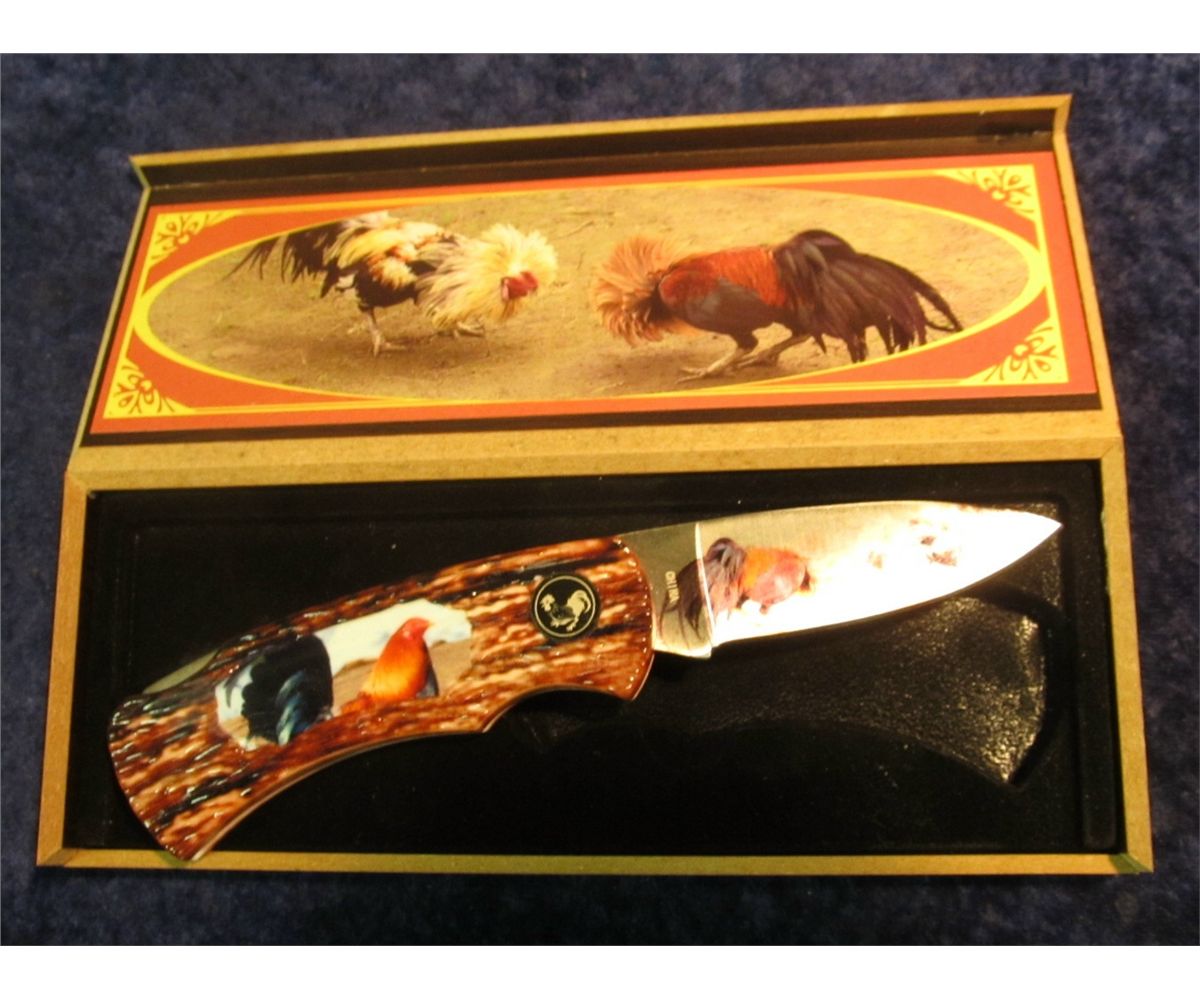 713. Fighting Rooster Knife in Wooden Box.