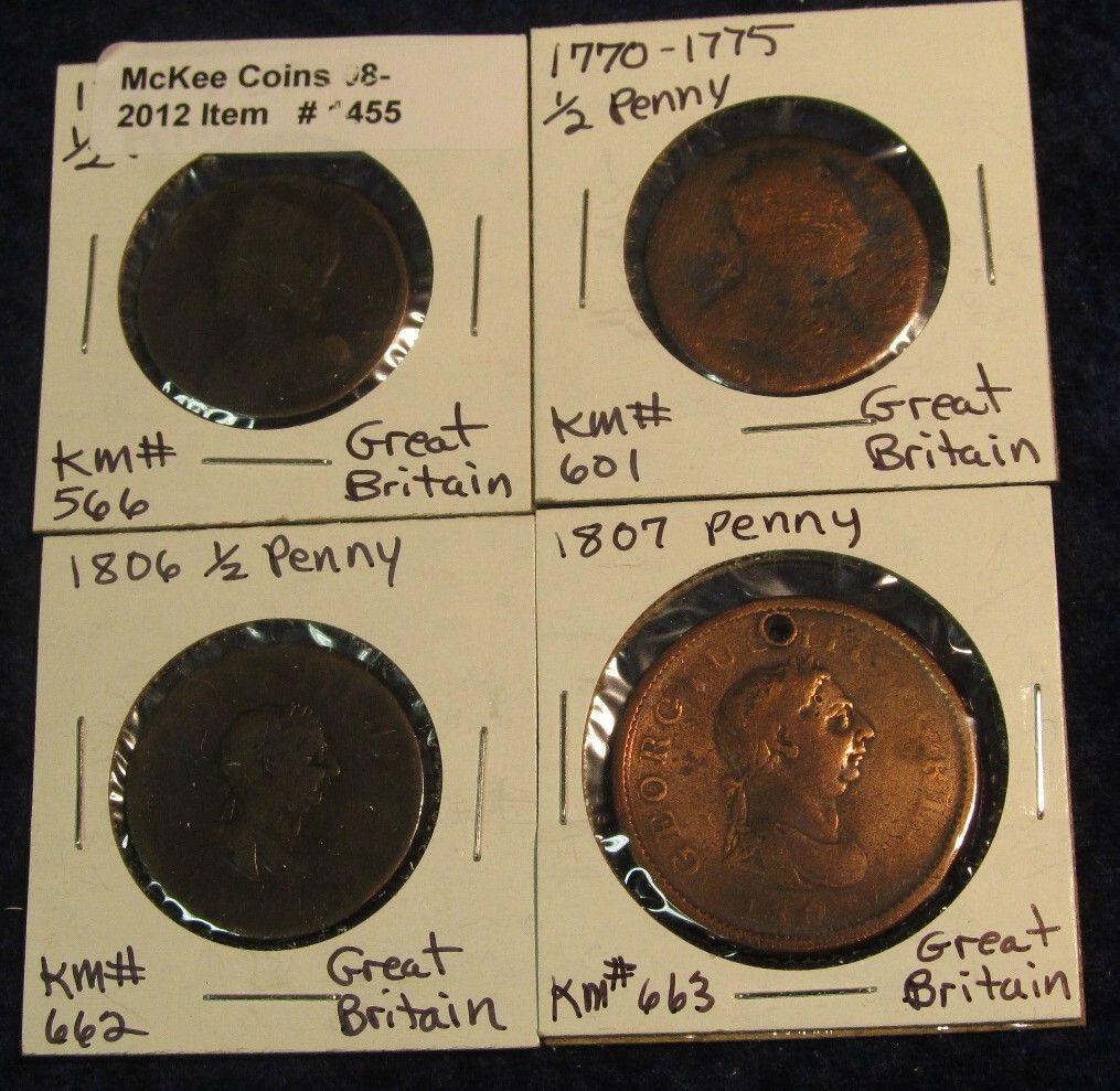 1455. (4) Coins- 1700s & Early 1800s Great Britain Pennies & Half Pennies.