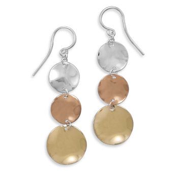 Graduated Triple Disc Earrings of Sterling Silver, Rose and Yellow Gold ...