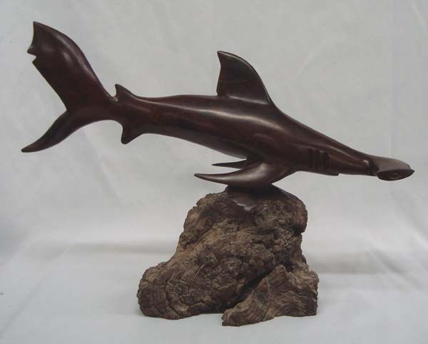 Ironwood Hammerhead Shark Carving on Wood Base