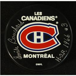 Emile Bouchard Signed Canadiens Logo Puck Inscribed "HOF 1966" (PA LOA)