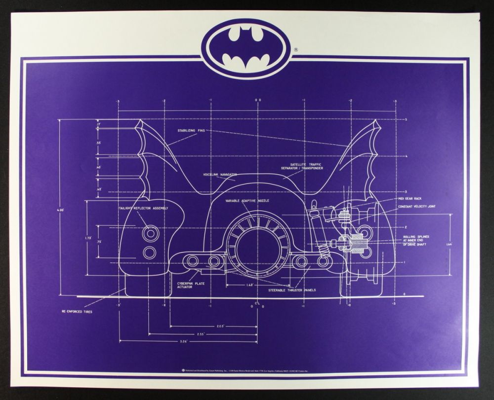 Batman Batmobile Oversized Blueprint LE 1992 Lithograph (DC Comics LOA)