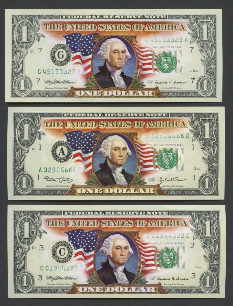 Lot of (3) Limited Edition Colorized $1 Bills