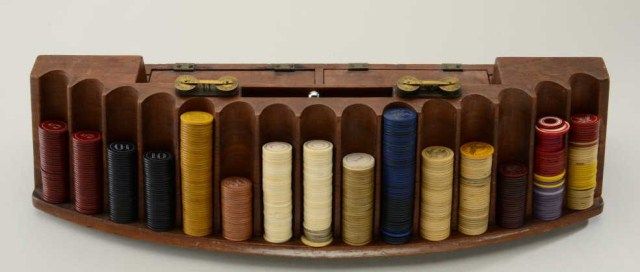 Large antique wooden roulette dealer chip rack with two compartments at ...