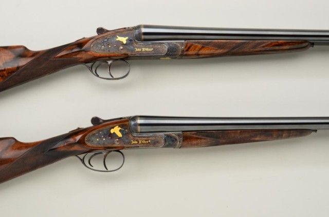 Pair of exhibition quality gold inlaid full side lock double barrel S x ...