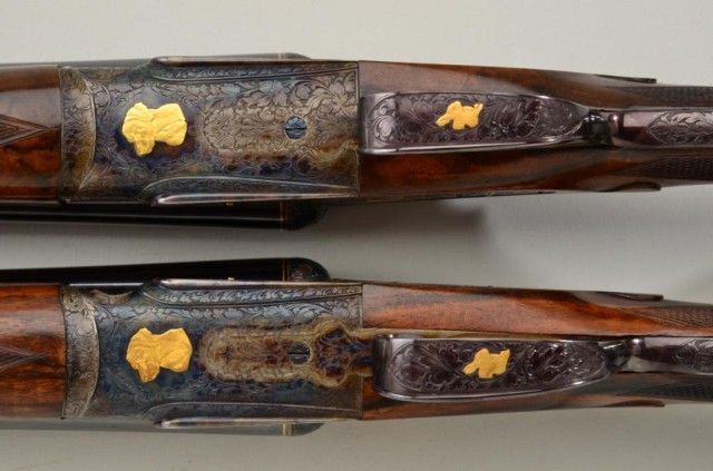 Pair of exhibition quality gold inlaid full side lock double barrel S x ...
