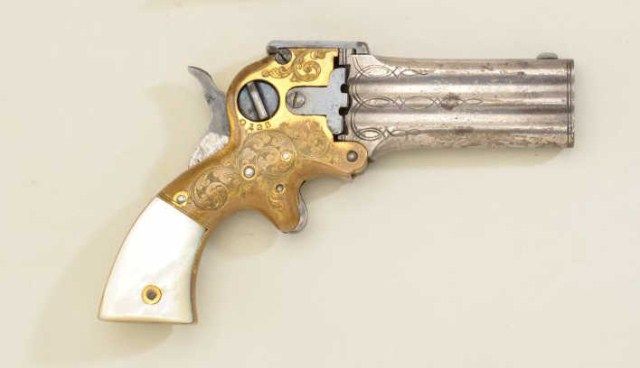 Marston three barrel derringer, period engraved, .32 cal., 3” barrels ...