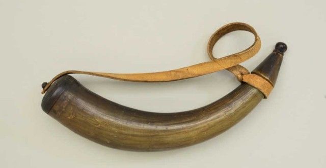 19th century American powder horn with turned top and original leather ...