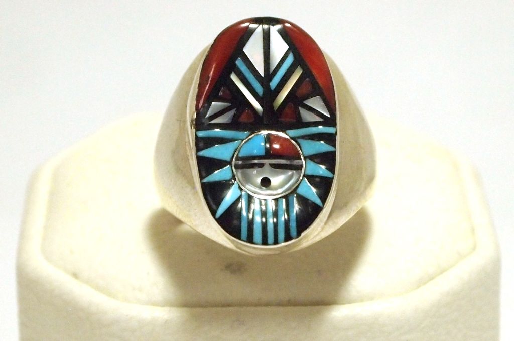 Zuni Multi-Stone Inlay Sun Face Sterling Silver Men's Ring - Angelena ...