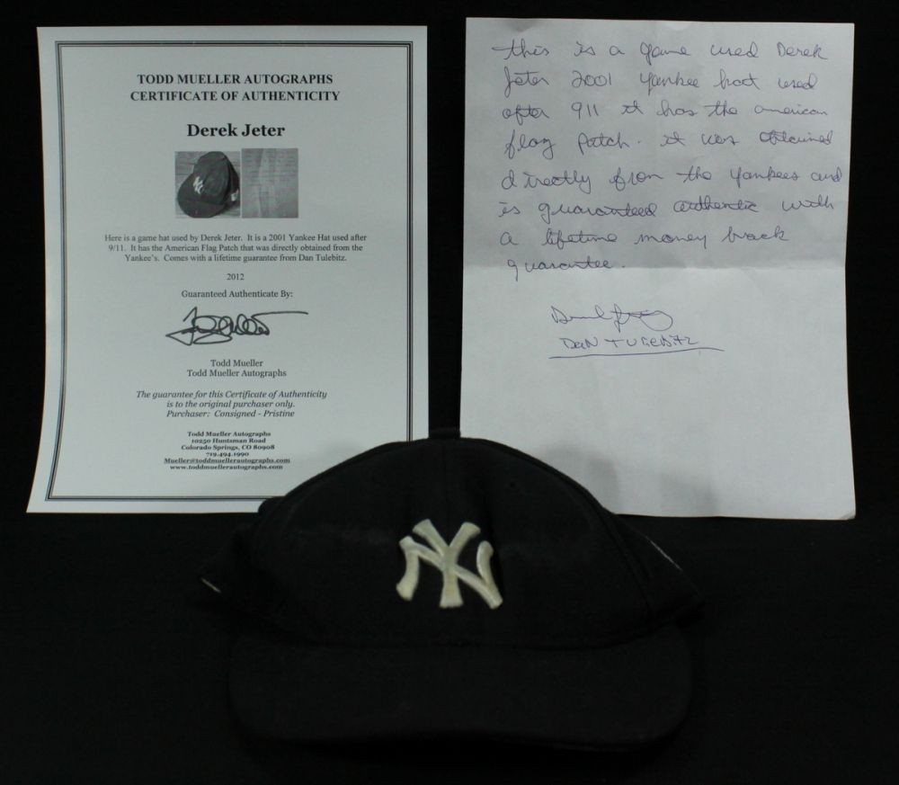 Derek Jeter Game Used 2001 Yankees Hat with 9/11 American Flag Patch ...