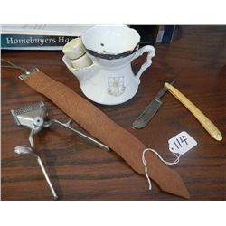 Antique Straight Razor, Strop, Shaving Mug