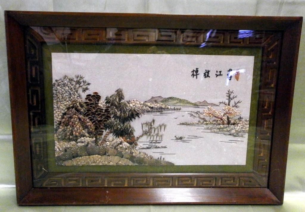 Framed Asian Shell & Sand Art Landscape