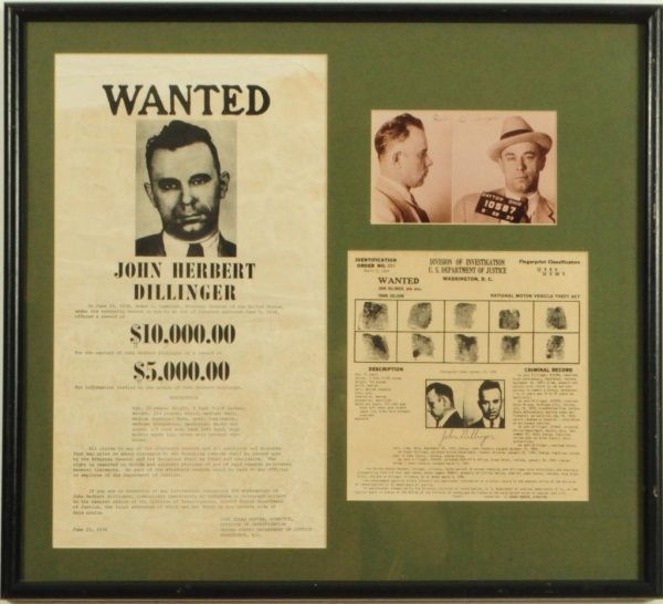 John Dillinger Wanted Poster, Mug Shot, & ID Card