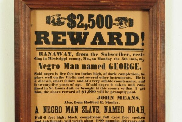 1852 Runaway Slave Reward Poster St. Louis