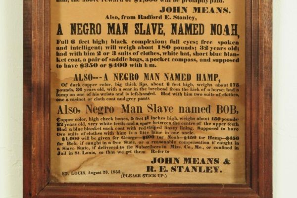 1852 Runaway Slave Reward Poster St. Louis