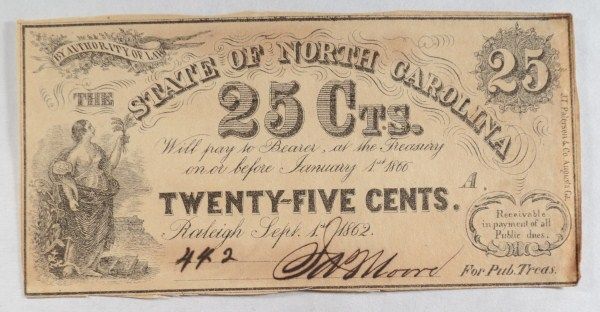 State of North Carolina 25 cent Bearer note 1866 VF