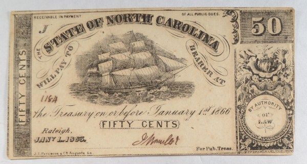 State of North Carolina 50 cent Bearer note 1866 VF