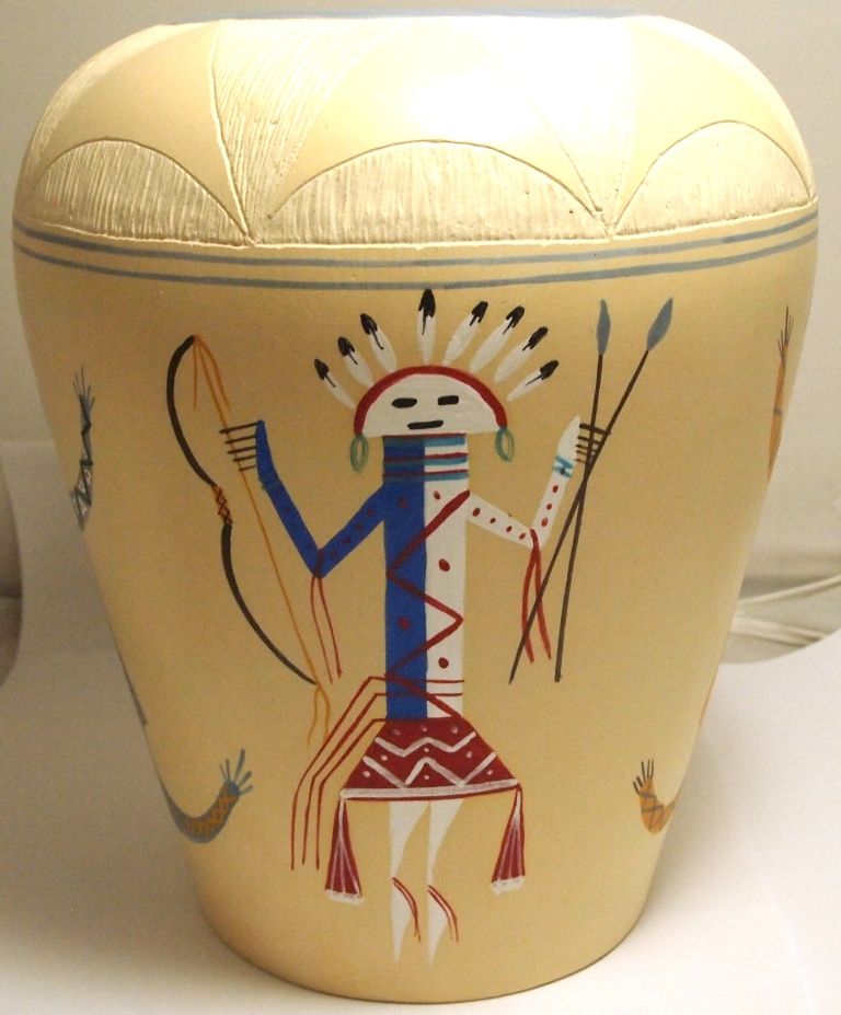 Hopi Multi Kachina Design Etched & Painted Pottery - J Robertson