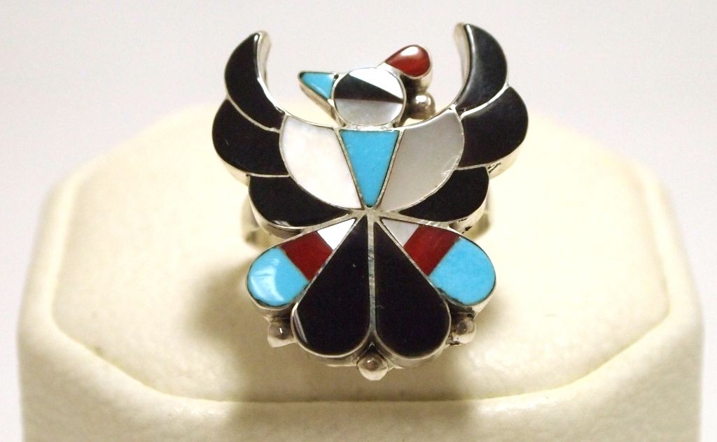 Zuni Multi-Stone Inlay Knifewing Kachina Sterling Silver Women's Ring ...