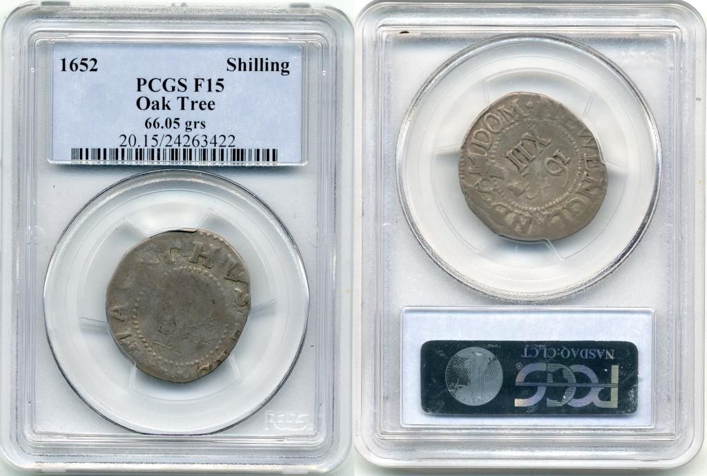 1652 Shilling PCGS F15 Oak Tree