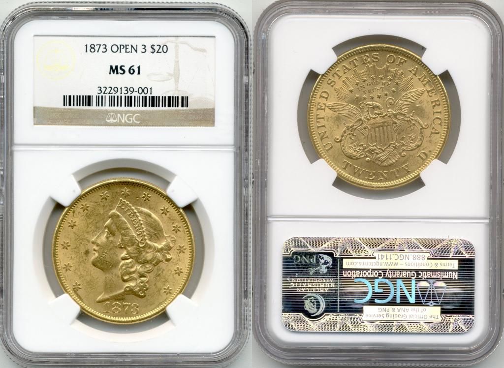 1873 Open 3 $20 Liberty NGC MS61