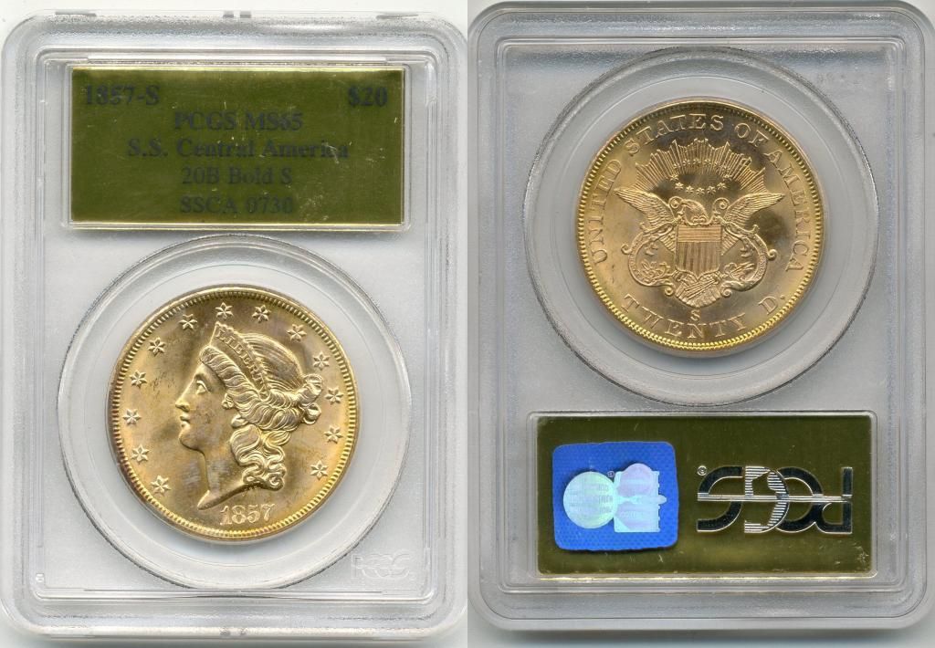 1857-S $20 PCGS MS65 SS Central America Shipwreck 20 Bold S