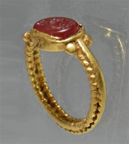A Roman Carnelian Intaglio Set in Roman Gold Mount