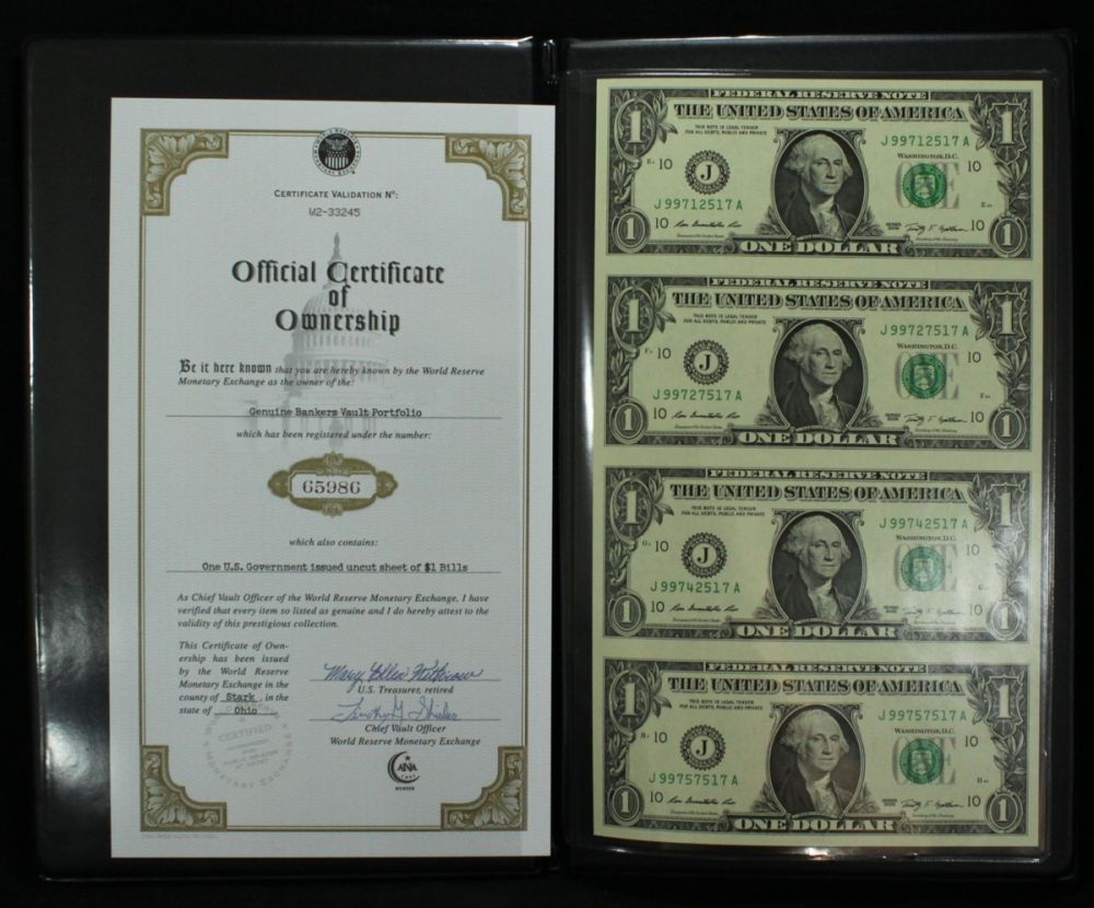 Uncut sheet of $1 Federal Reserve Note in Genuine Bankers Vault ...