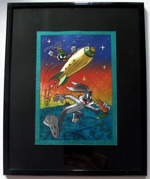 LOONEY TUNES BUGS BUNNY MARVIN THE MARTIAN ON ROCKET FRAMED FOIL ART