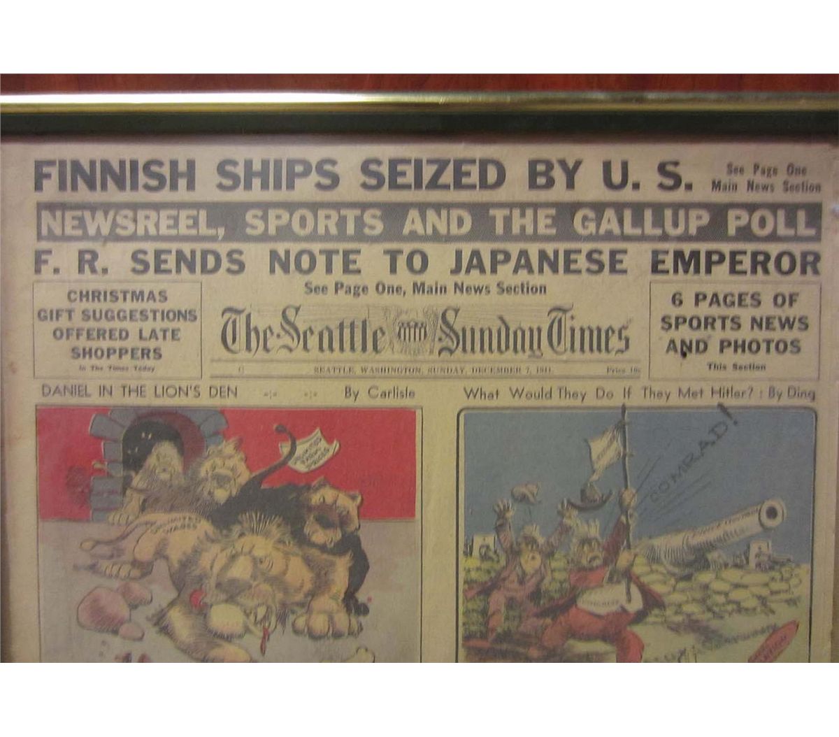 DEC. 7, 1941 NEWSPAPER PRINTED BEFORE PEARL HARBOR WAS BOMBED - FRAMED