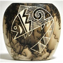 Acoma Pueblo Fish & Kokopelli Etched Horsehair Pottery - Gary Yellow ...