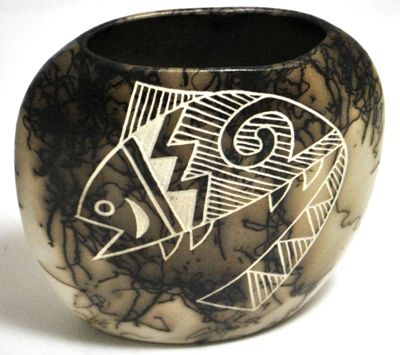 Acoma Pueblo Fish & Kokopelli Etched Horsehair Pottery - Gary Yellow ...