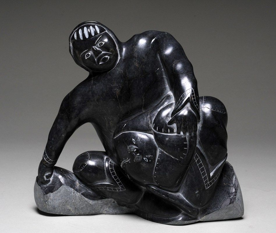 Inuk Hunter and Seal Carving by Lucassie Ken - Povungnituk 9" W. 8 1/2 ...