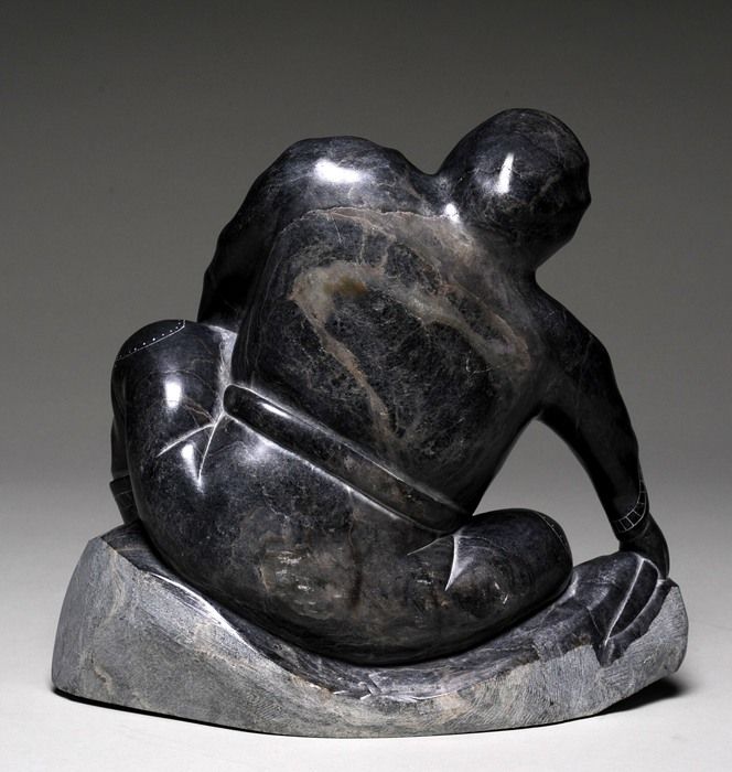 Inuk Hunter and Seal Carving by Lucassie Ken - Povungnituk 9" W. 8 1/2 ...