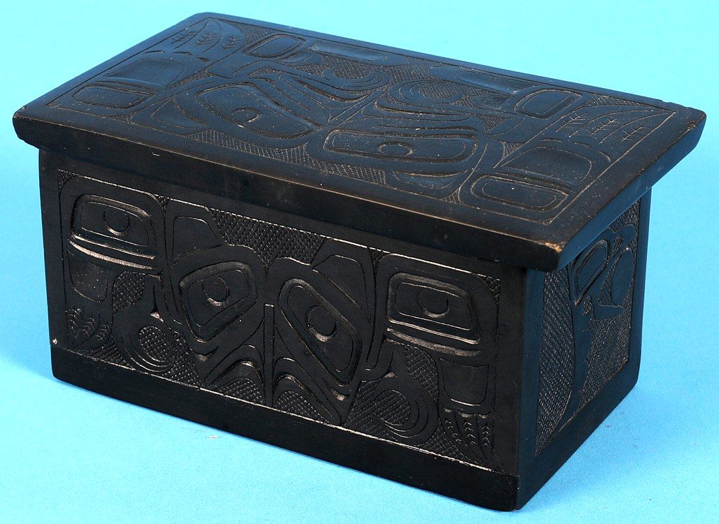Northwest Coast Lidded Slate Box with Carved Owl and Raven Design 7 3/8 ...