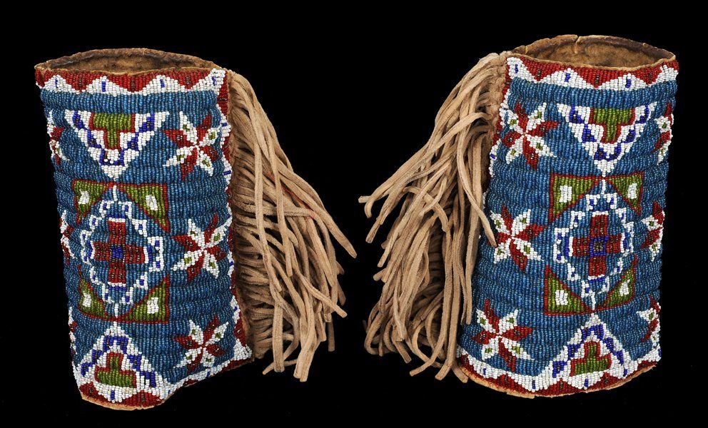 Pair of Assiniboine Beaded Cuffs ca. 1890 with Geometric Design 7 1/4 ...