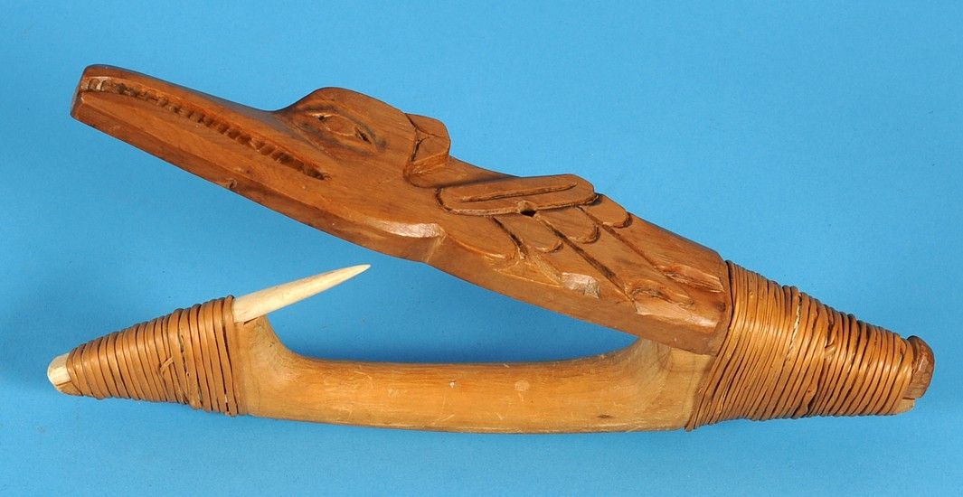 Northwest Coast Halibut Hook Carved Yew Wood and Yellow Cedar Raven ...