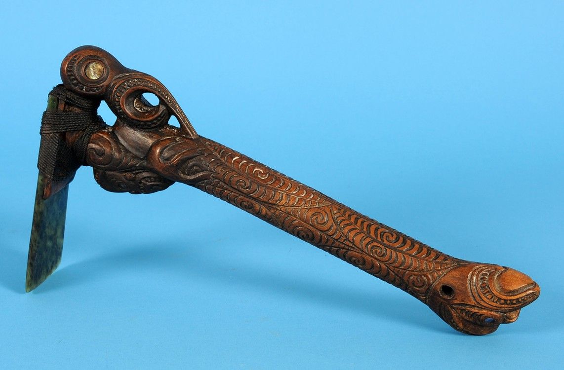 Toki Pou Tangata Ceremonial Maori Hardstone Blade Axe with Carved Wood ...