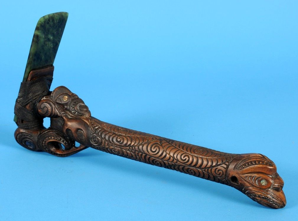 Toki Pou Tangata Ceremonial Maori Hardstone Blade Axe with Carved Wood ...